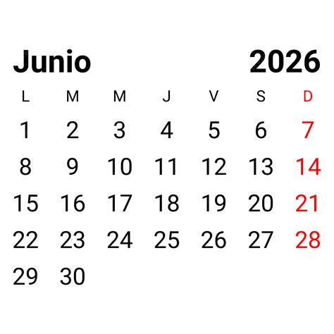 Calendario Mensual Español Junio 2026 Vector Png Dibujos Calendario