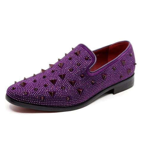 Purple Mens Spike Designer Classic Smoking Dress Tuxedo Loafers Slip