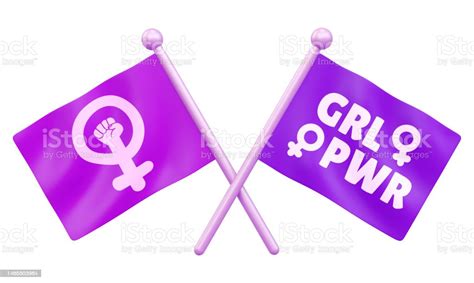 3d 그림에서 국제 여성의 날과 페미니스트 활동을 위한 흰색 배경에 두 개의 고립된 페미니스트 깃발 3월 8일 독립 권한 부여