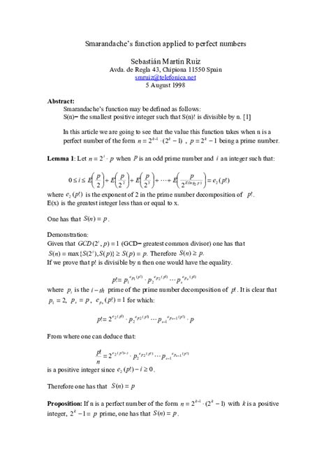 pdf smarandache function applied to perfect numbers