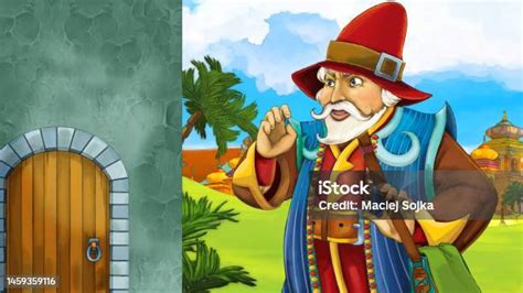 중세 아랍 왕국 왕자 또는 왕이 나무 문 입구 근처를 여행하는 만화 장면 극동 장식품 다른 사용법을위한 무대 어린이를위한 삽화 건축에 대한 스톡 벡터 아트 및 기타 이미지