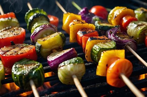 Premium Photo Colorful Vegetable Kebabs On A Grill