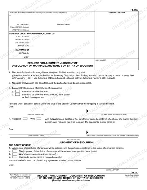 California Request For Judgment Judgment Of Dissolution Of Marriage