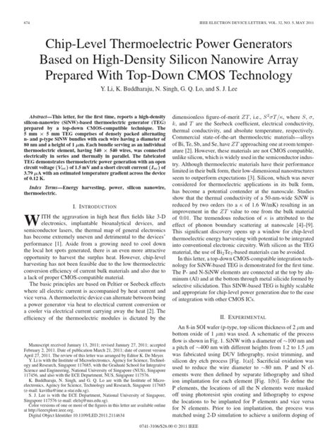 Chip Level Thermoelectric Power Generators Based On High Density Silicon Nanowire Array Prepared