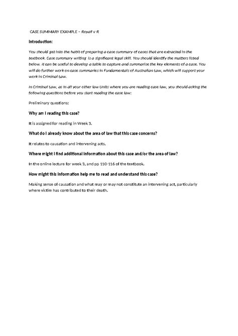 Case Summary Guide And Template Criminal Law Royall V R Case Summary