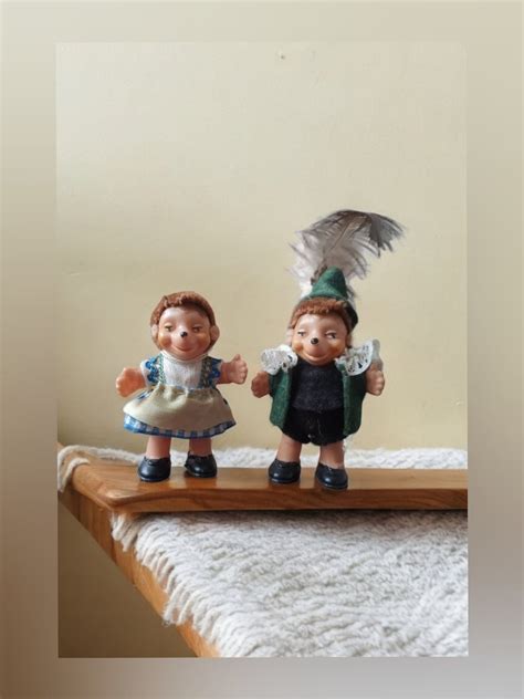 Set Of Two Pair Vintage Hedgehog Dollhouse Doll Celluloid Hard
