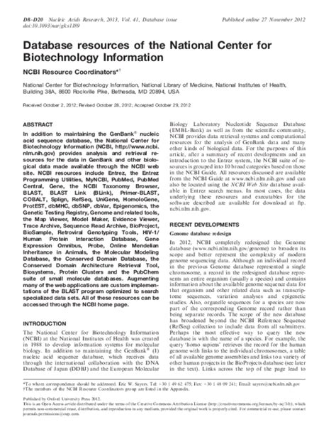 Pdf Database Resources Of The National Center For Biotechnology