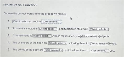 Solved Structure Vs functionchoose The Correct Words From Solved Structure Vs functionchoose The Correct Words From