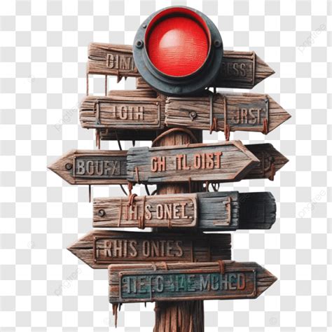 다양한 화살표와 다양한 기발한 목적지 이름을 특징으로하는 빨간색 신호등이있는 나무 표지판 나무 푯말 여러 화살표 빨간 신호등 Png 일러스트 및 이미지 에 대한 무료