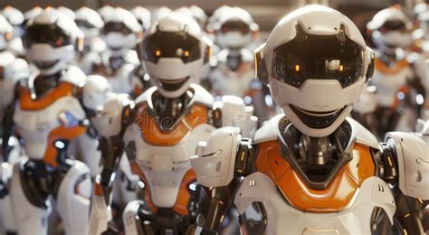 Group Of Artificial Intelligence Robots Group Of Cyborgs In Factory Stock Image Image Of