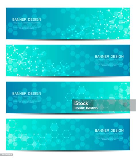 추상적인 배너 디자인 Dna 분자 구조 배경 세트 기하학적 인 그래픽과 점으로 연결 된 라인입니다 과학 및 기술 개념 벡터 일러스트 레이 션 0명에 대한 스톡 벡터 아트 및