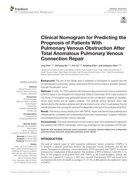 Pdf Clinical Nomogram For Predicting The Prognosis Of Patients With Pulmonary Venous