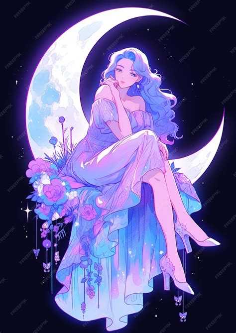 Premium Photo Anime Girl Sitting On The Moon With Flowers And Stars