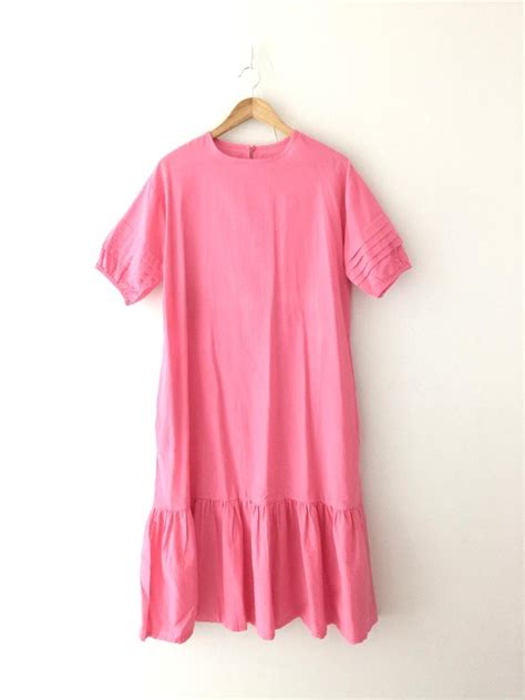 새 핫핑크 면 마 린넨 박시 7부 롱 원피스 헬로마켓