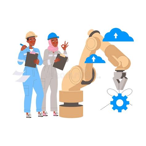 robotics programming with man and woman engineer character configuring