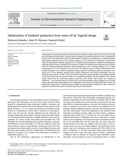 Optimization Of Biodiesel Production From Castor Oil By Taguchi Design