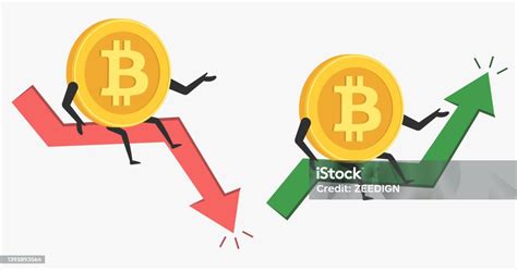 비트 코인 만화 캐릭터 황소 또는 암호화 통화의 곰 시장 동향 녹색 위쪽 또는 빨간색 아래쪽 화살표 그래프입니다 윗화살표에 대한 스톡 벡터 아트 및 기타 이미지 Istock