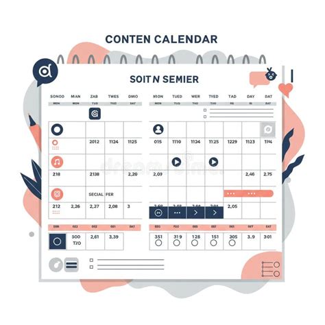 Content Calendar With A Grid Layout Featuring Days Of The Week And Month Includes Stock