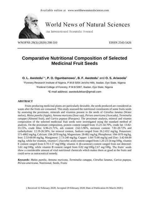Pdf Comparative Nutritional Composition Of Selected Medicinal