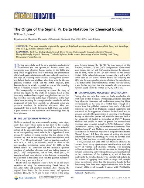 The Origin Of The Sigma Pi Delta Notation For Chemical Bonds William