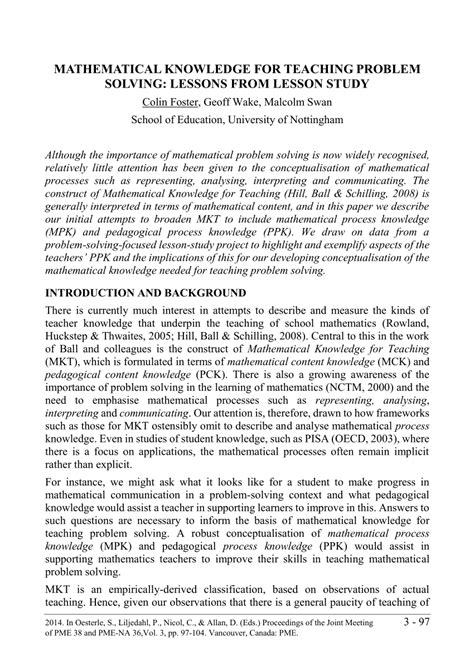 Pdf Mathematical Knowledge For Teaching Problem Solving Lessons From