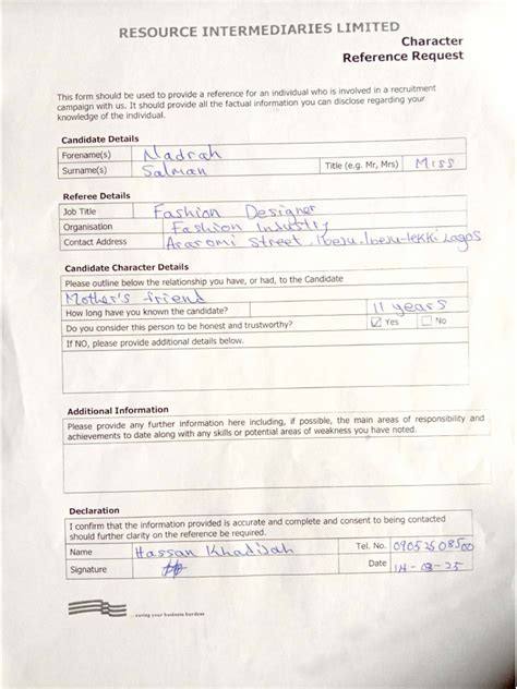 Character Reference Request Form Pdf