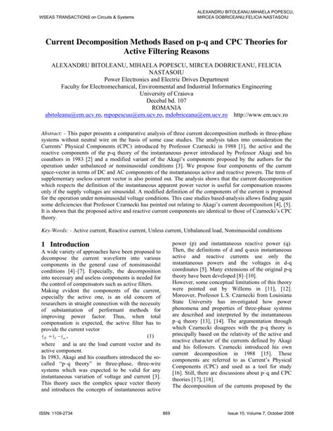 Pdf Current Decomposition Methods Based On Pq And Cpc Theories For