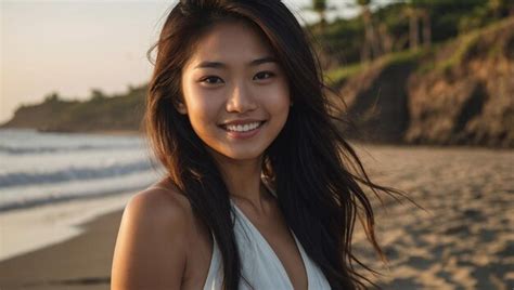 Image Of Asian Woman On The Beach With Sunset Atmosphere 13 Premium