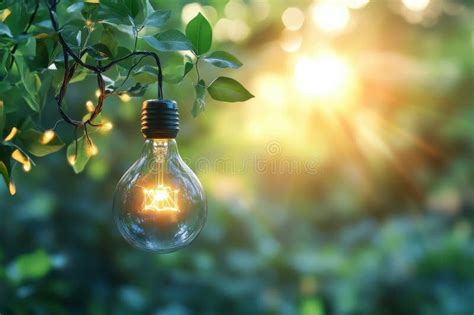 A Glowing Light Bulb Hangs From A Tree Surrounded By Green Leaves In The Golden Hour Stock Image