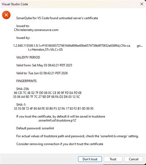 untrusted server s certificate issue sonarqube for ide sonar community