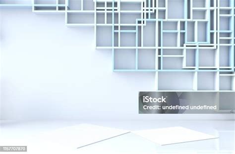 파란색 선반 벽 타일 바닥 카펫 분기 빈 파란색 흰색 객실 장식 3d 렌더링 태양은 창을 통해 그림자로 빛난다 3차원 형태에 대한 스톡 사진 및 기타 이미지 Istock