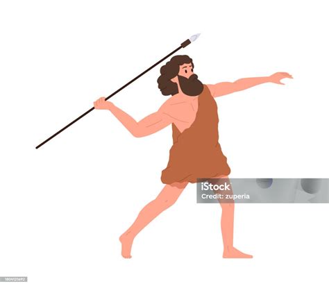 원시인 사냥꾼 만화 캐릭터 입고 부족 의복을 입고 고대 창 무기로 실행 개발에 대한 스톡 벡터 아트 및 기타 이미지 개발 고대 문명 고대의 Istock