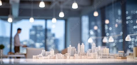 modern architectural bureau office with panoramic windows and blurry