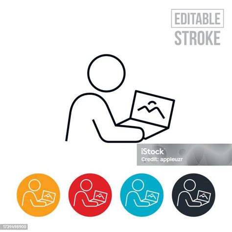 노트북에서 사진을 편집하는 사람 가는 선 아이콘 편집 가능한 스트로크 그래픽 편집 소프트웨어에 대한 스톡 벡터 아트 및 기타