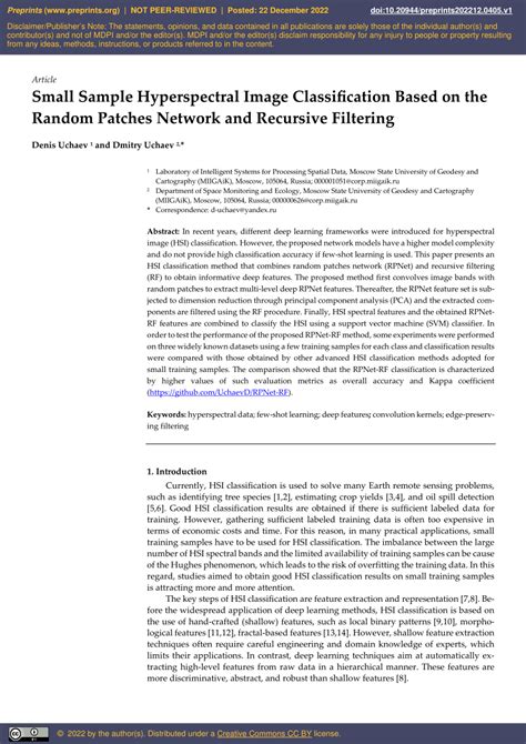 PDF Small Sample Hyperspectral Image Classiﬁcation Based on the Random Patches Network and