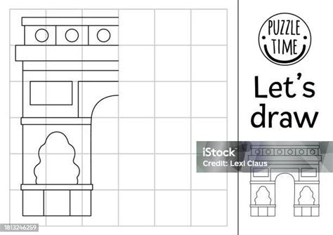 개선문을 완성하세요 벡터 프랑스 테마 대칭 드로잉 연습 워크시트 아이들을 위한 인쇄 가능한 흑백 활동 파리 랜드마크가 있는 그림