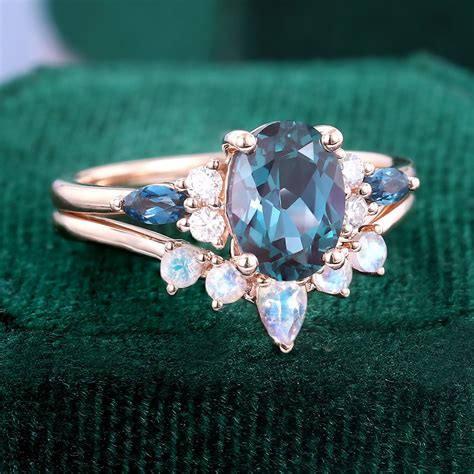 Oval Cut Alexandrite Engagement Ring Set With Moonstone Curved Wedding