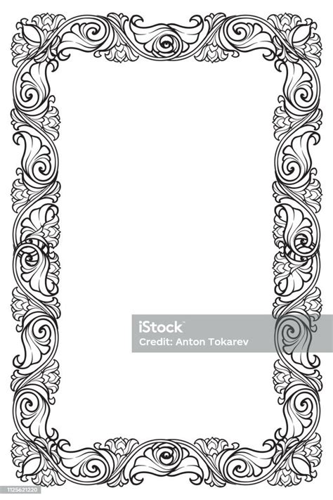 꽃 사각형 프레임입니다 동화 스타일 장식 테두리입니다 수직 방향입니다 흑인과 백인 프레임에 대한 스톡 벡터 아트 및 기타 이미지 프레임 중세 액자 Istock