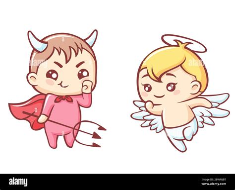 Little Angel And Demon Cartoon Kawaii Cute Angel With Halo And Funny