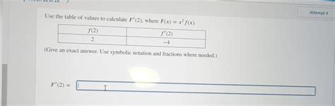 solved use the table of values to calculate f 2 ﻿where