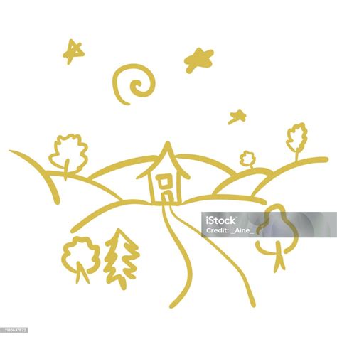 흰색 배경에 고립 된 손으로 그린 마을 집 풍경 엽서 벡터 그림입니다 가문비나무에 대한 스톡 벡터 아트 및 기타 이미지