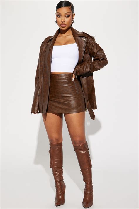 Crossin Paths Faux Leather Skirt Set Brown Fashion Nova
