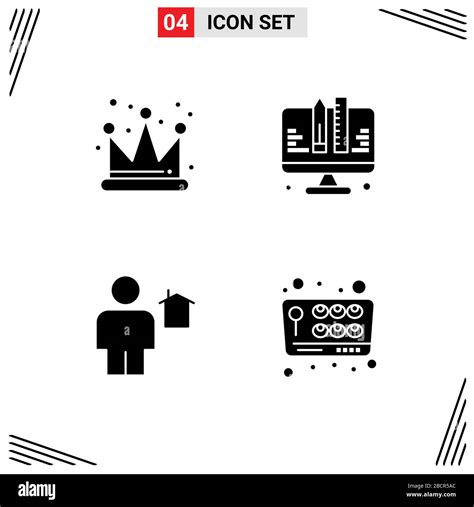 Pack Of 4 Modern Solid Glyphs Signs And Symbols For Web Print Media Such As Crown Home Coding