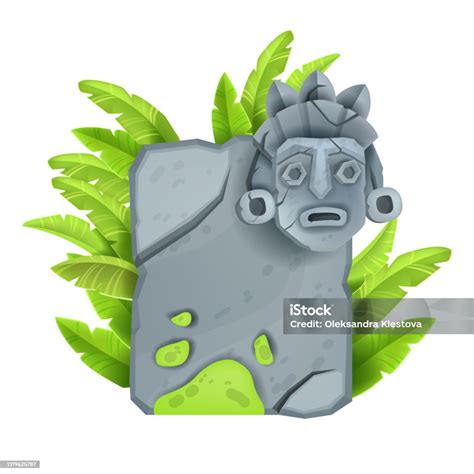 돌 간판 벡터 게임 바위 화강암 프레임 금이 마야 토템 얼굴 부족 티키 마스크 바나나 잎 0명에 대한 스톡 벡터 아트 및 기타 이미지 Istock