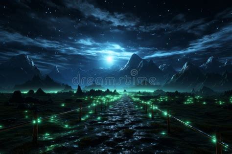 3d Visualization Of Power Lines In Starry Night Sky For Green Energy And Sustainability Stock
