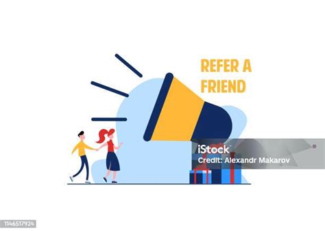 친구 벡터 일러스트 레이 션 개념을 참조 하십시오 젊은 남자와 여자의 그룹은 돈과 선물에 대 한 고객을 끈다 친구를 위한 추천 프로그램 및 소셜 미디어 마케팅 경영자에 대한