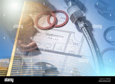 Plumbing Equipment On A Blueprint Multiple Exposure Stock Photo Alamy