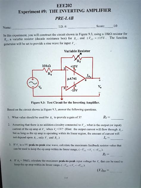 SOLVED EEE Experiment THE INVERTING AMPLIFIER PRE LAB Name I D Score In This