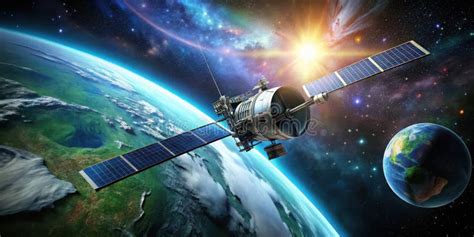 A Communication Satellite Orbits A Vibrant Planet Solar Panels Gleaming In The Cosmic Sunrise