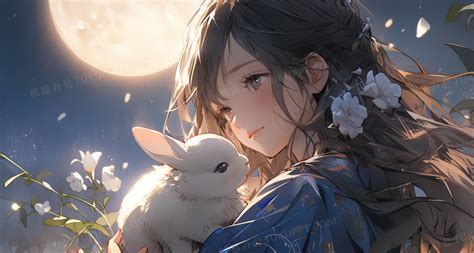 中秋节嫦娥抱着玉兔插画图片素材下载 格式 熊猫办公